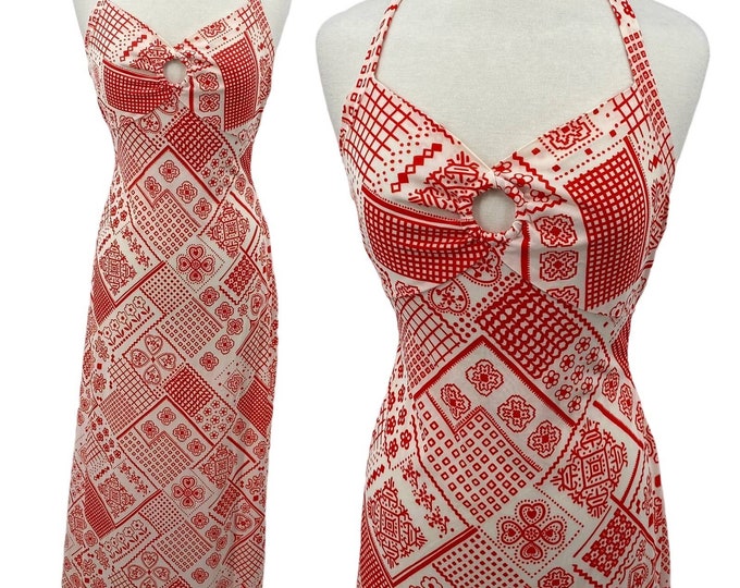 Vintage 70s Bandana Print Slip Dress Red White Maxi Halter Tie Keyhole ...