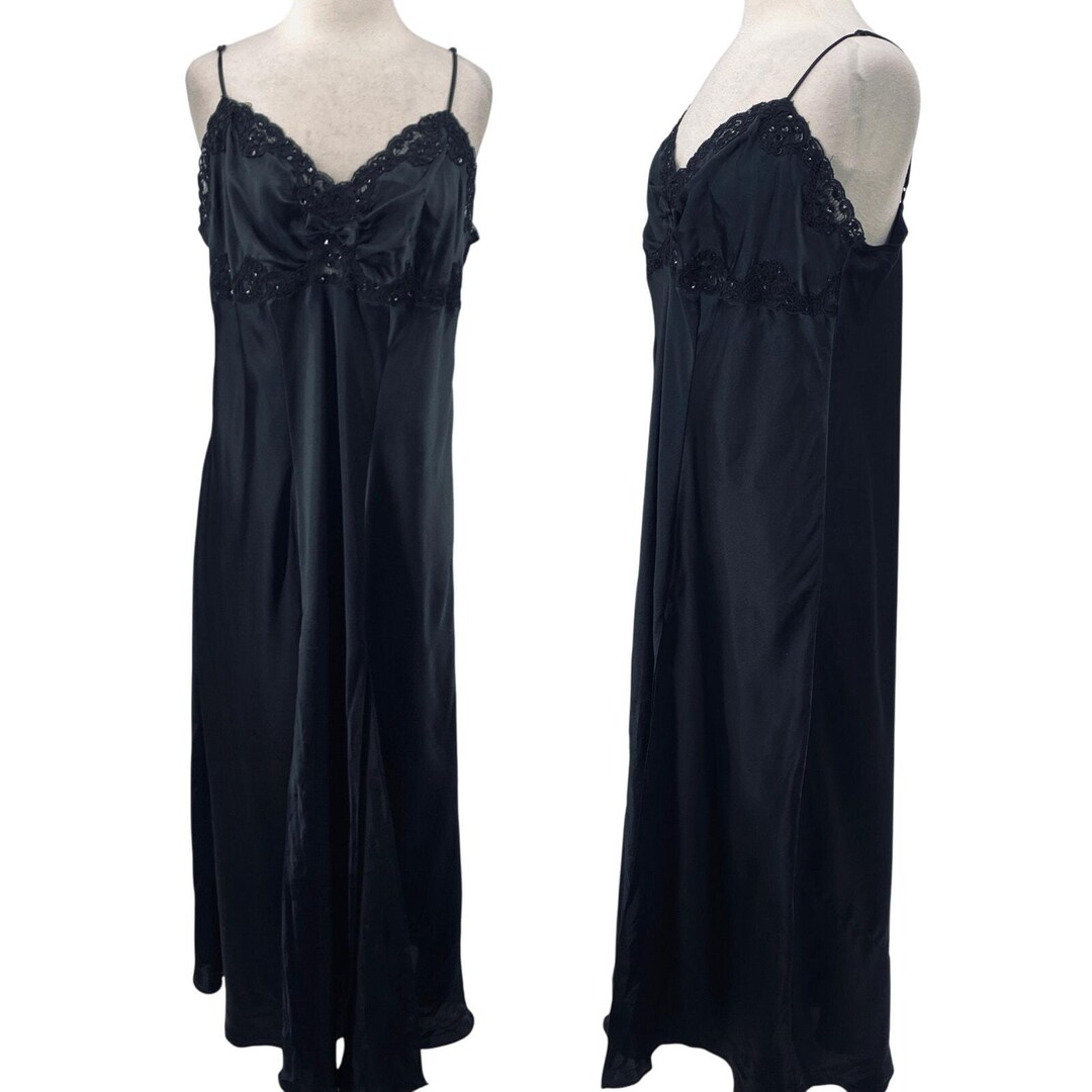 Vintage 90s Satin Nightgown Lace Trim Bow Neckline Detail Leg Slit ...