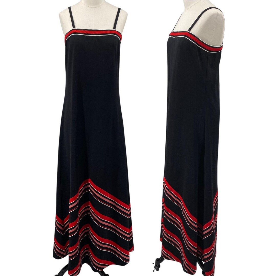Vintage 70s Maxi Dress Spaghetti Strap Chevron Stripe Hem ILGWU Black ...