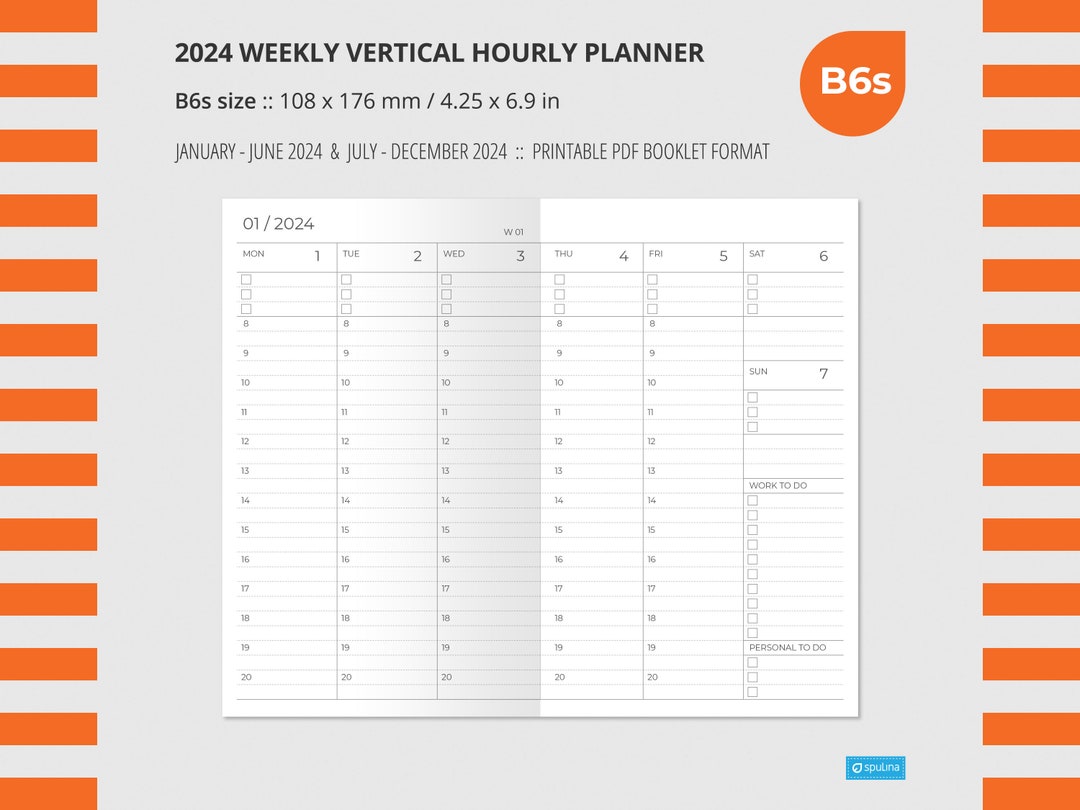 2024 WEEKLY VERTICAL HOURLY Planner B6s Size, Wo2p, Printable, Insert ...