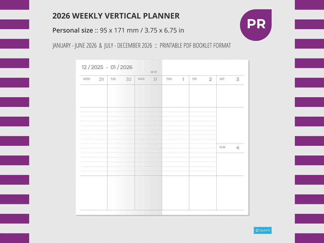 2026 WEEKLY VERTICAL Planner Personal Size, Wo2p, Printable, Insert ...