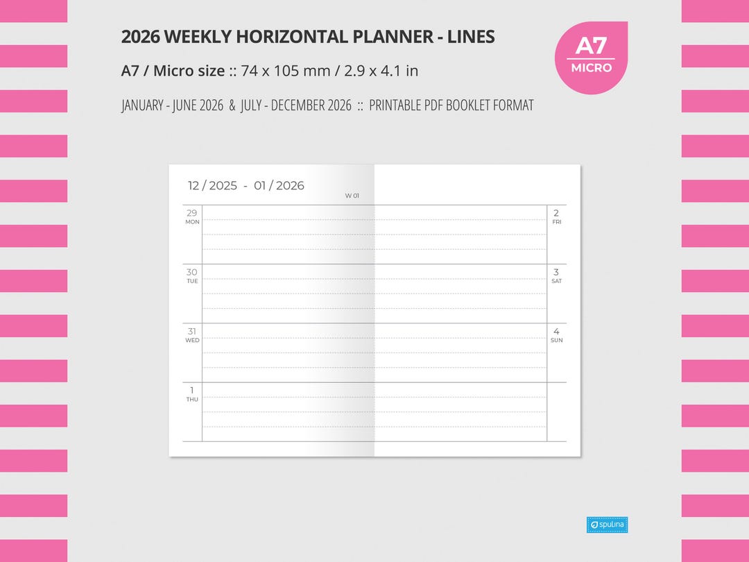 2026 WEEKLY HORIZONTAL LINES A7 / Micro Size, Wo2p, Printable, Insert ...