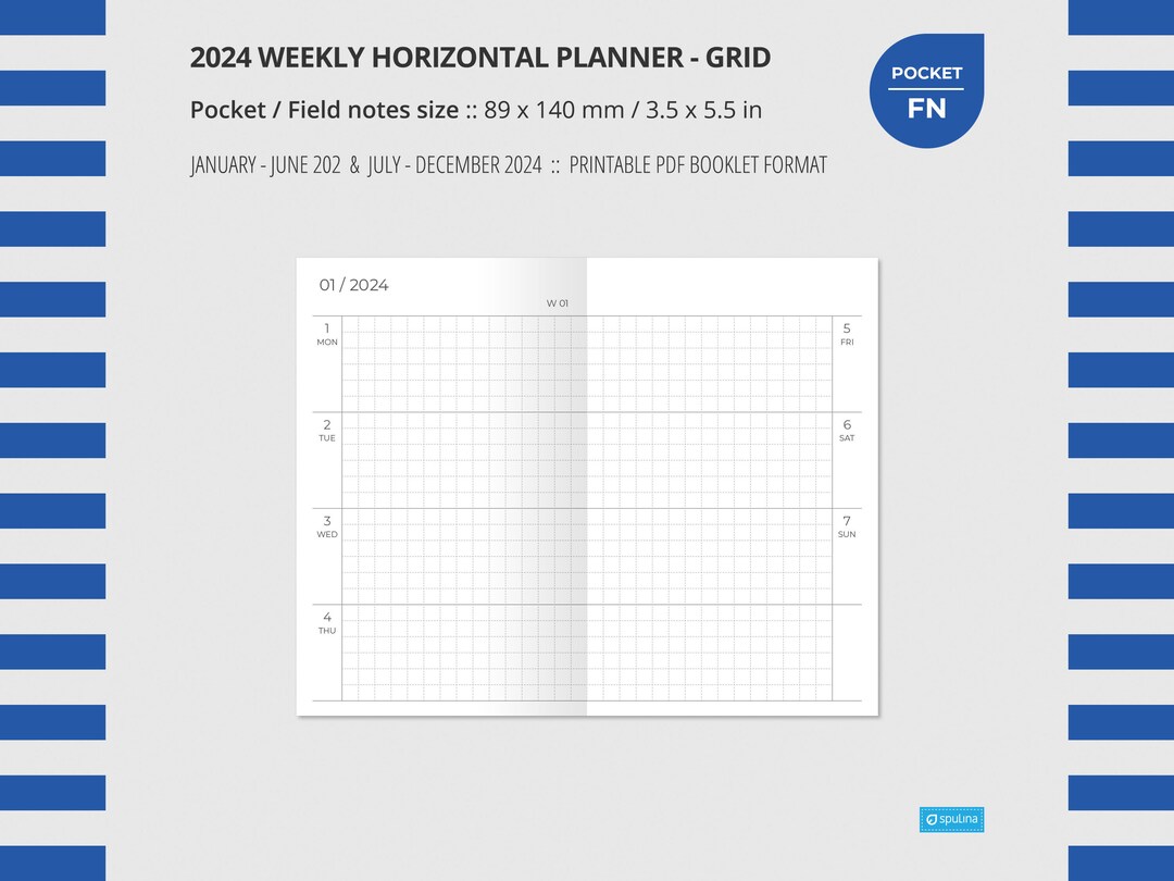 2024 WEEKLY HORIZONTAL GRID Pocket / Field Notes Size, Wo2p, Printable ...