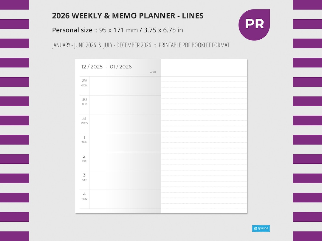 2026 WEEKLY MEMO LINES Planner Personal Size, Wo2p, Printable, Insert ...