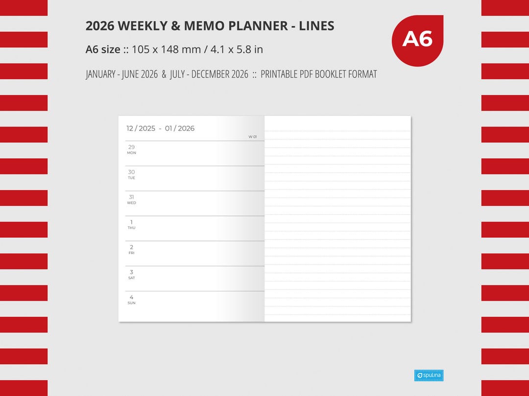 2026 WEEKLY MEMO LINES Planner A6 Size, Wo2p, Printable, Insert ...