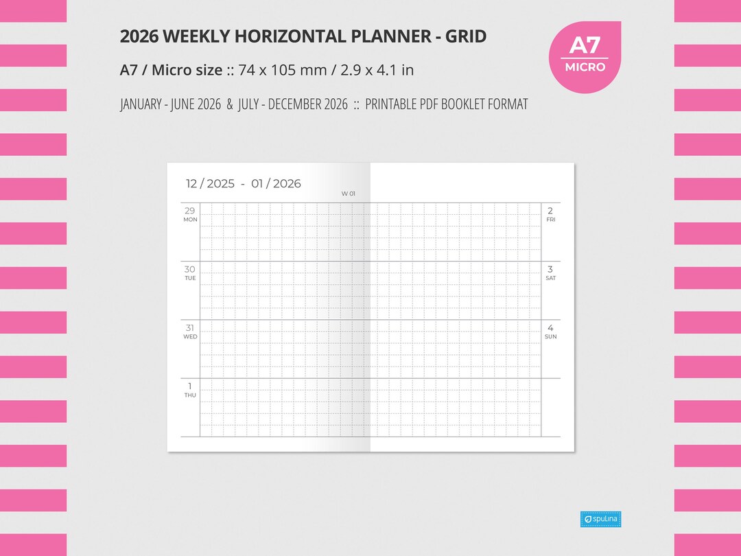2026 WEEKLY HORIZONTAL GRID A7 / Micro Size, Wo2p, Printable, Insert ...