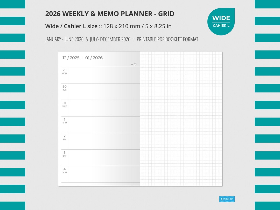 2026 WEEKLY MEMO GRID Planner Wide / Cahier L Size, Wo2p, Printable ...