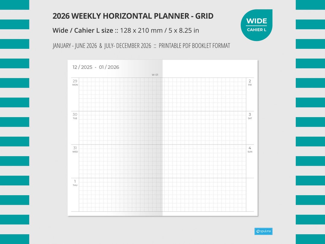 2026 WEEKLY HORIZONTAL GRID Planner Wide / Cahier L Size, Wo2p ...