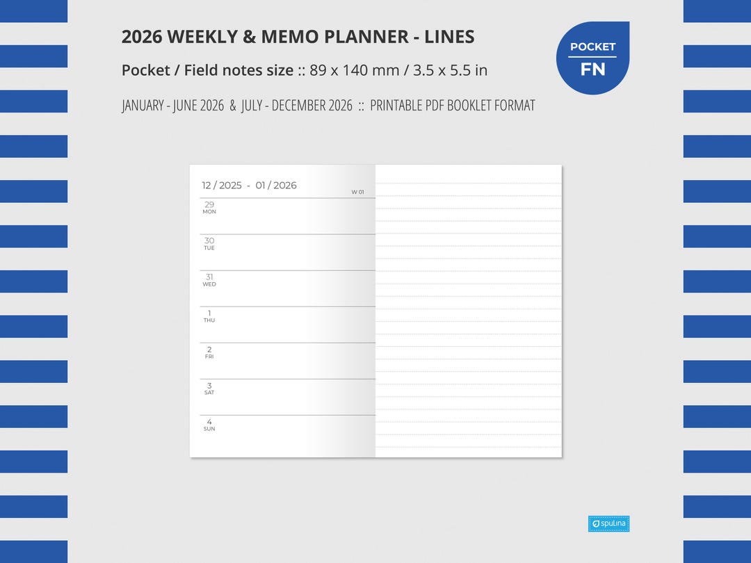 2026 WEEKLY MEMO LINES Planner Pocket / Field Notes Size, Wo2p ...