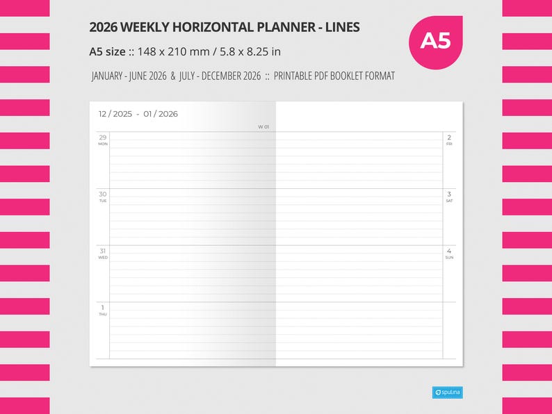 2026 WEEKLY HORIZONTAL LINES Planner A5 Size, Wo2p, Printable, Insert ...