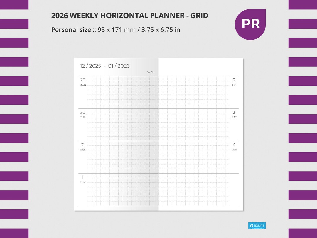 2026 WEEKLY HORIZONTAL GRID Planner Personal Size, Wo2p, Printable ...