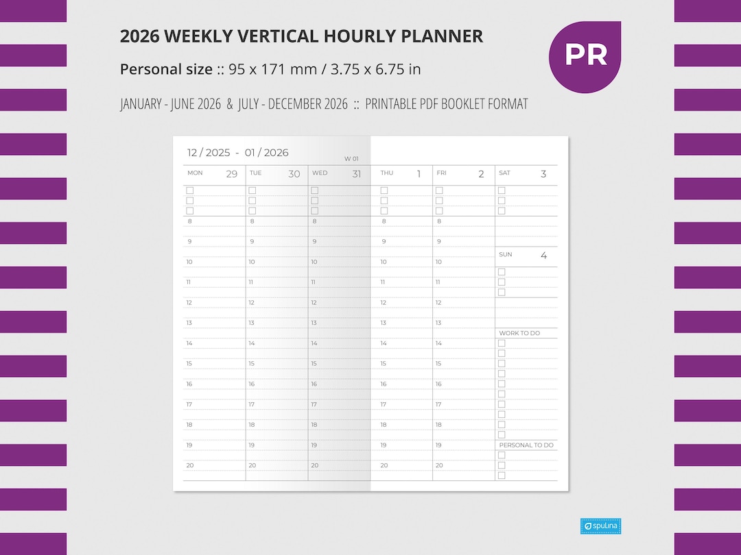 2026 WEEKLY VERTICAL HOURLY Planner Personal Size, Wo2p, Printable ...