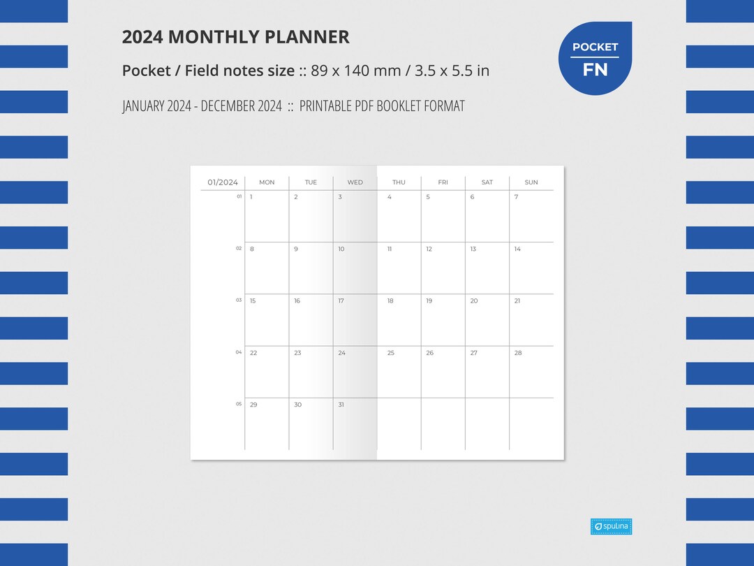 2024 MONTHLY PLANNER Pocket / Field Notes Size, Wo2p, Printable, Insert ...