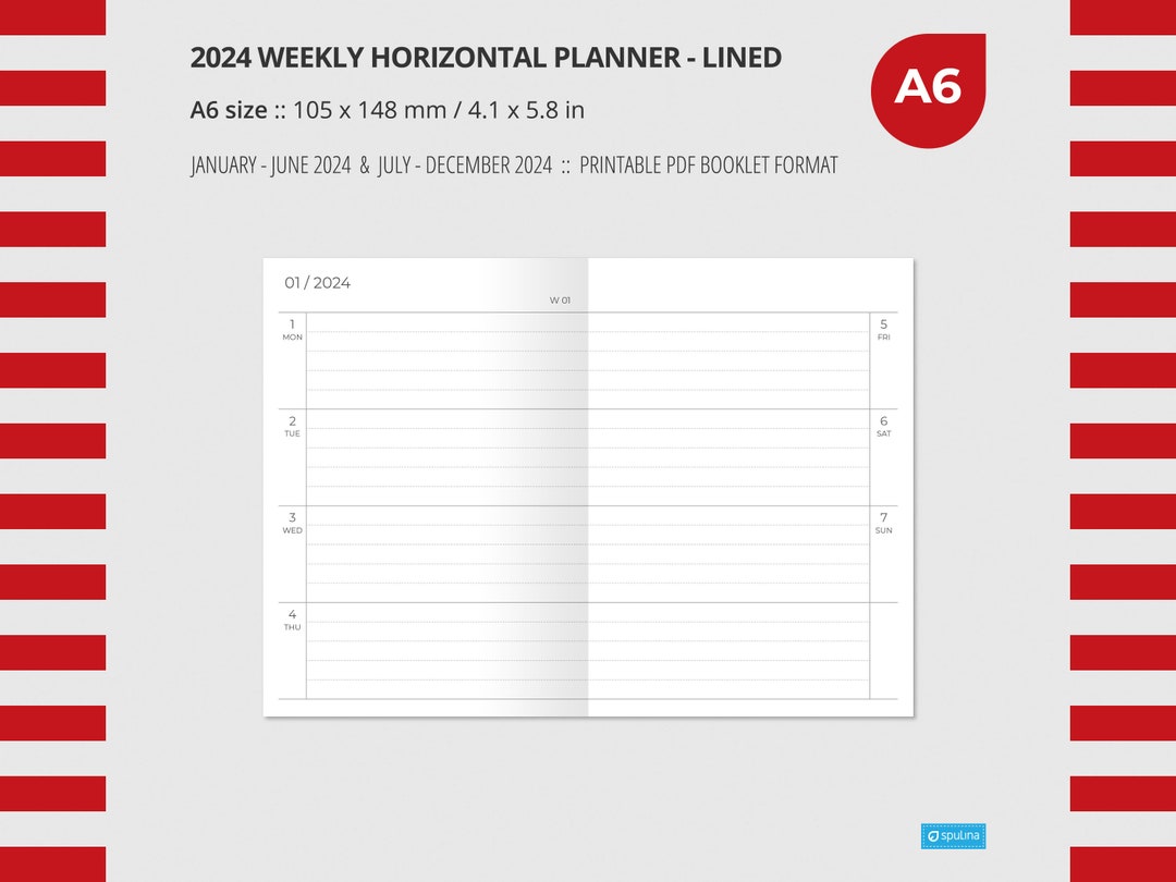2024 WEEKLY HORIZONTAL LINED A6 Size, Wo2p, Printable, Insert, Printable Notebook, Week on Two ...
