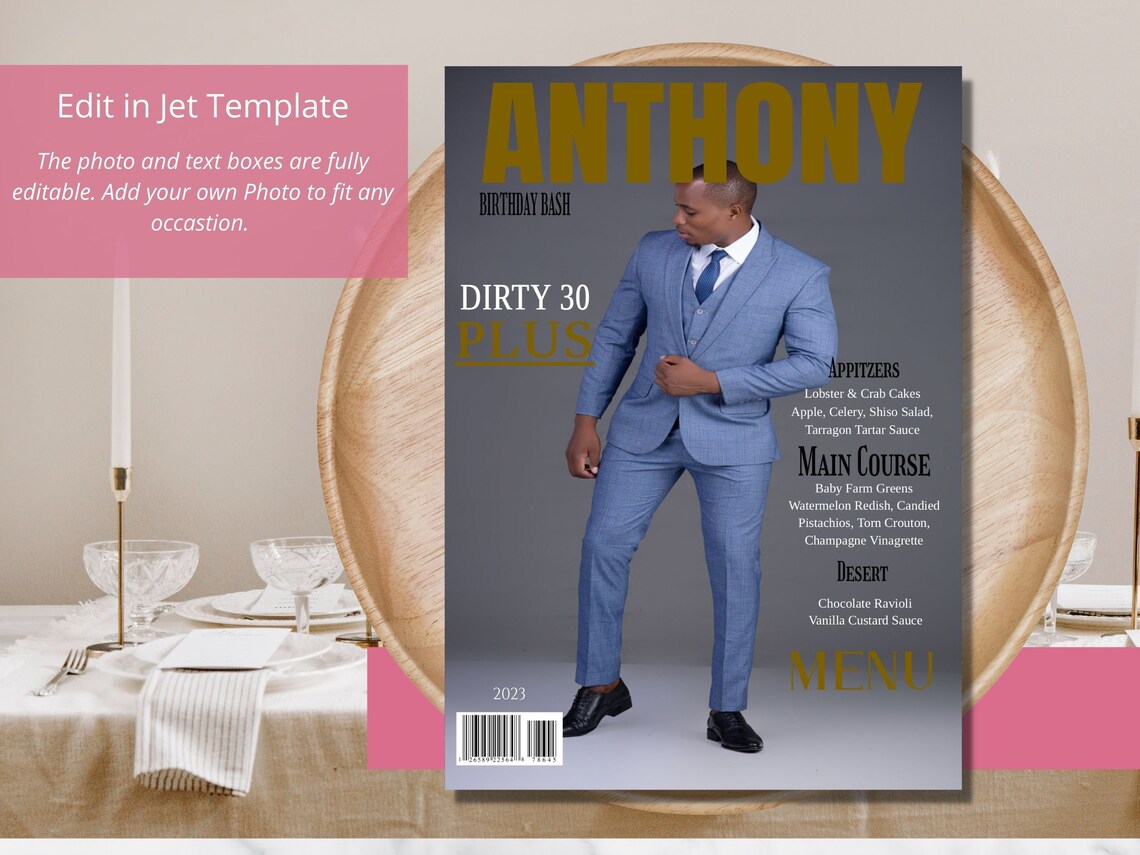 Mens Magazine Cover Dinner Party Menu Template| Elegant Male Menu ...