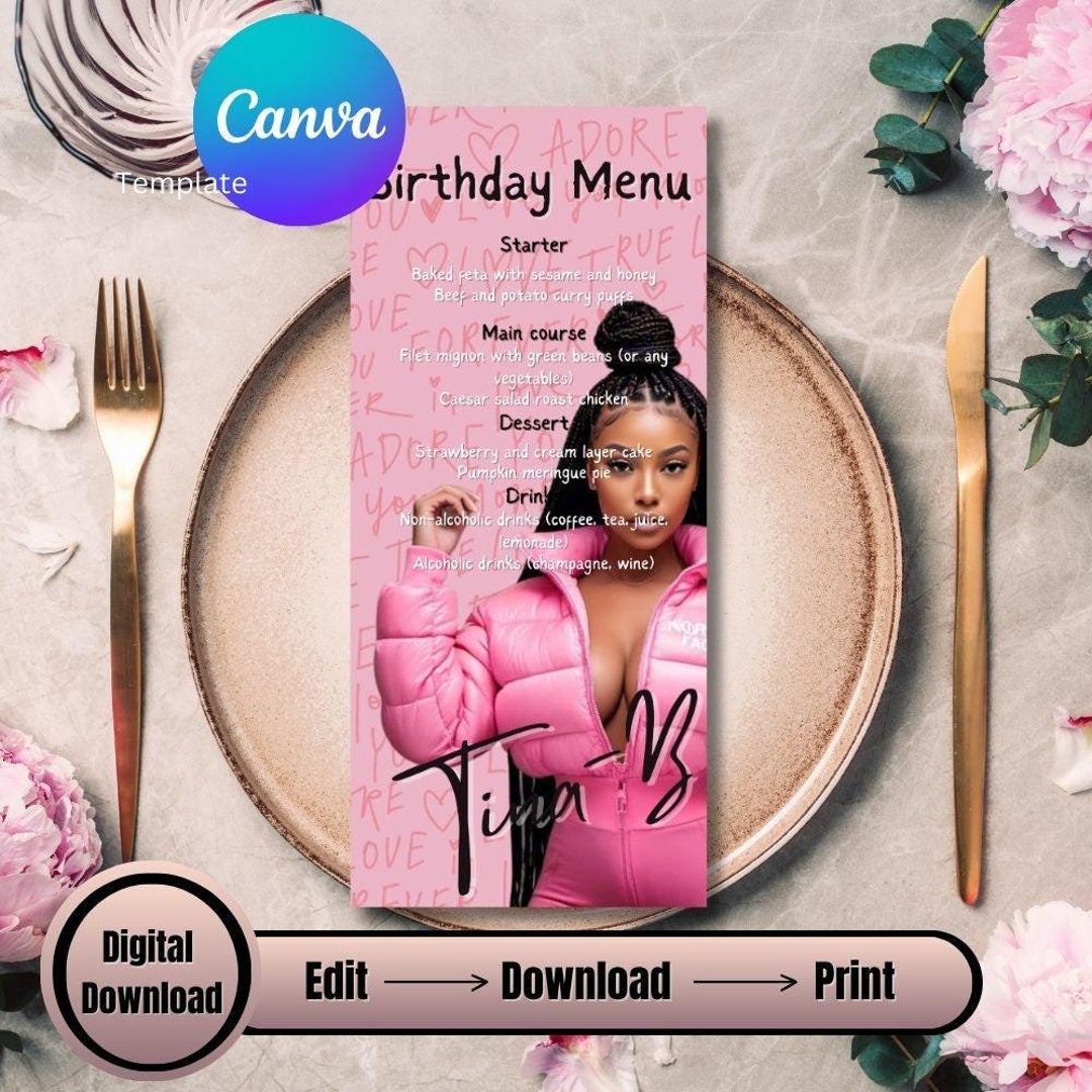 Pink Birthday Menu| 4x9 Canva Menu Template |editable Digital Download ...