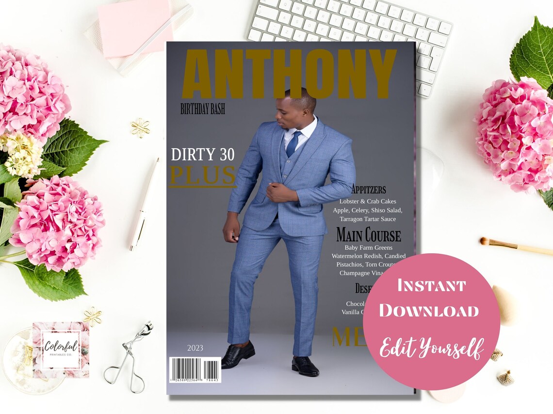 Mens Magazine Cover Dinner Party Menu Template| Elegant Male Menu ...