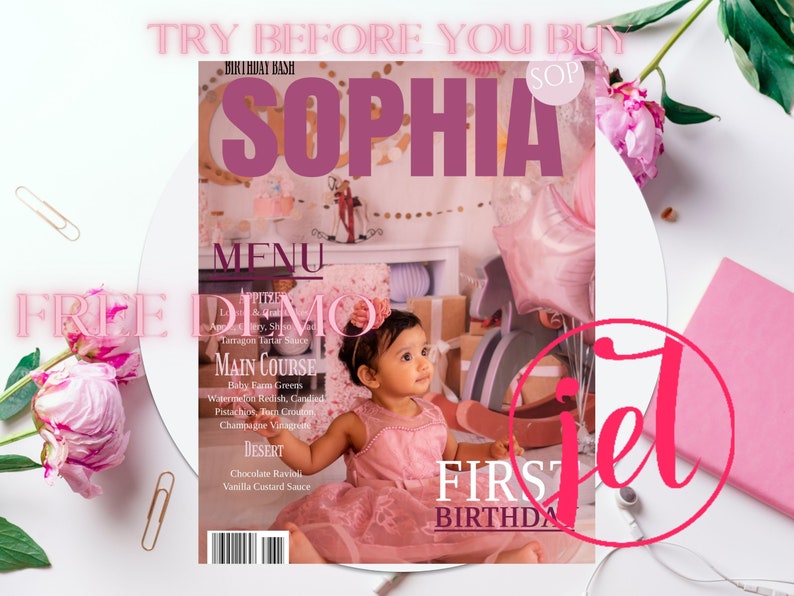 Girl First Birthday Magazine Cover Menu Template Modern Party - Etsy