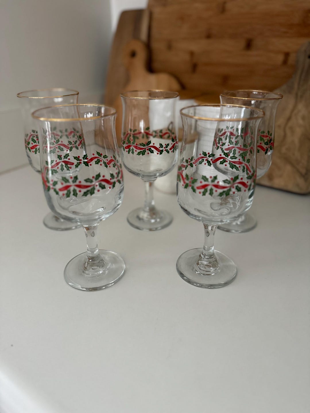 Vintage Libbey Holly Berry Red Ribbon Gold Rimmed Wine Glasses - Set of ...