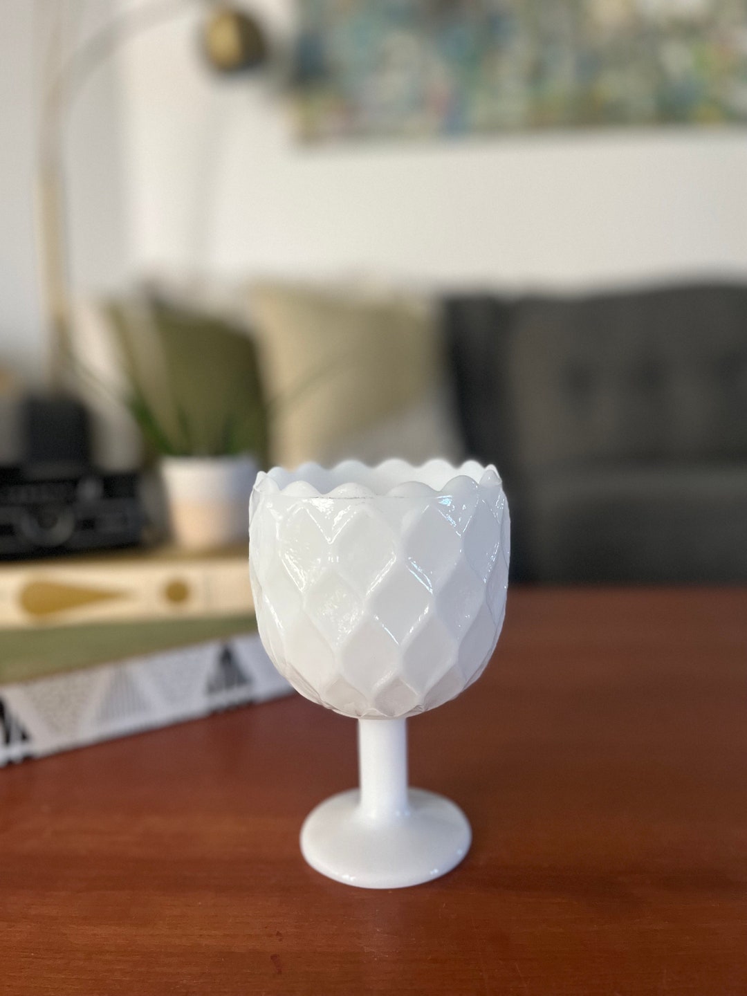 Vintage Milk Glass Diamond Pattern Pedestal Compote/footed Vase | 3 ...