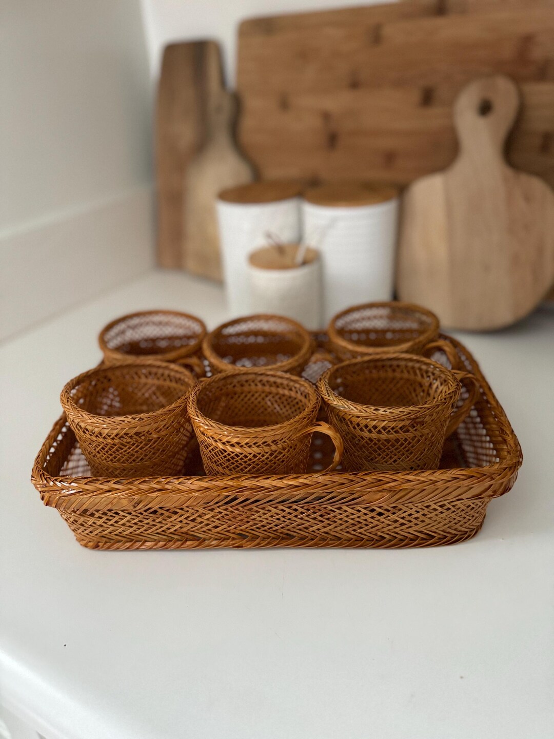 Vintage Wicker Hostess Beverage Set | Wicker Cup Holders | Set of 6 ...