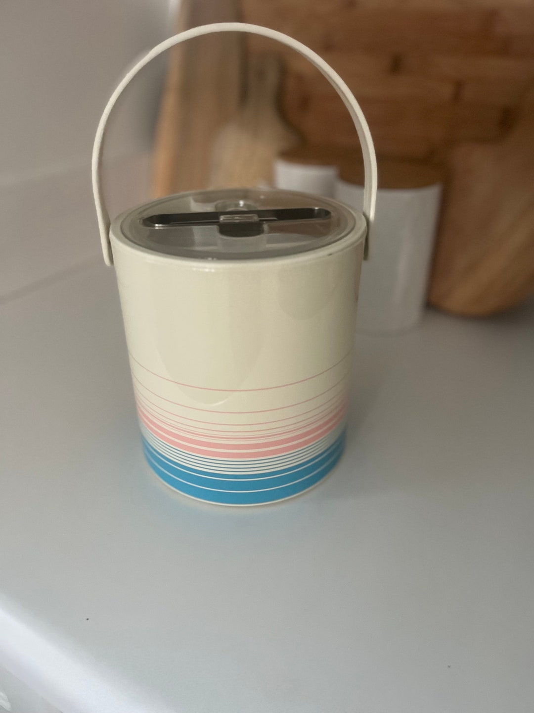 Vintage Phoenix Blue & Pink Stripe Ice Bucket With Tongs - Etsy