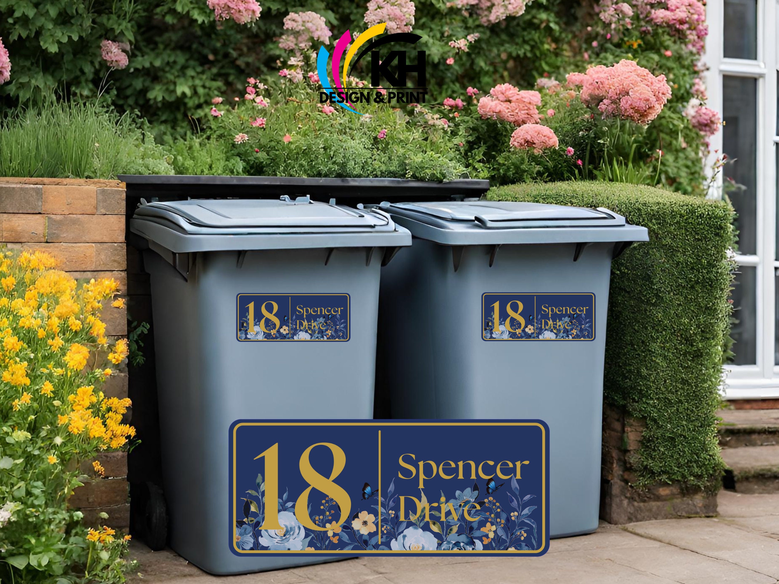 Custom Floral Laminated Wheelie Bin Stickers, House Number Street Name ...
