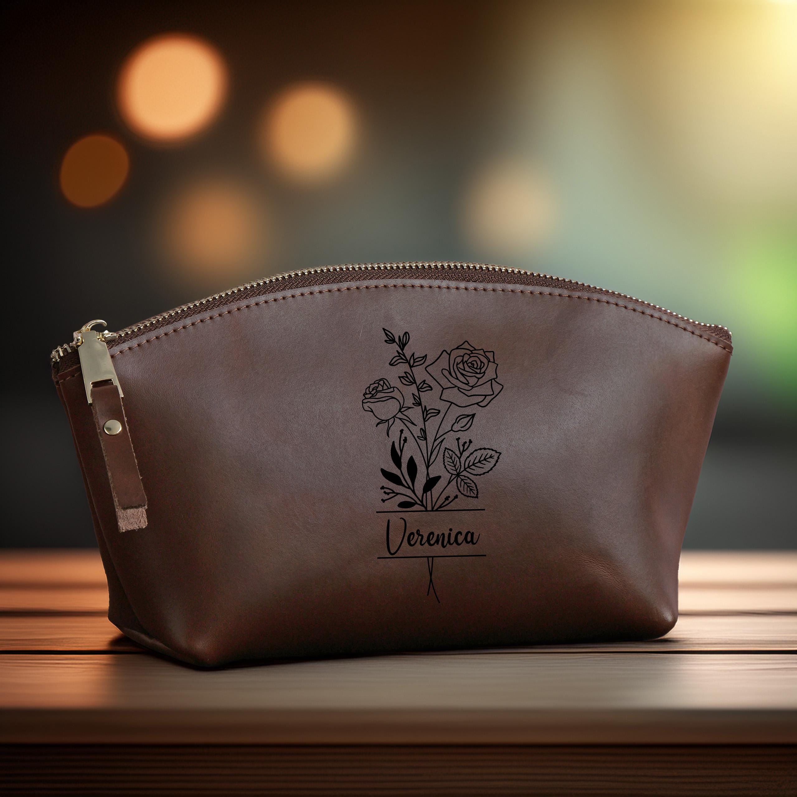 Leather Travel Makeup Bag, Custom Toiletry Bag for Women, Monogrammed ...
