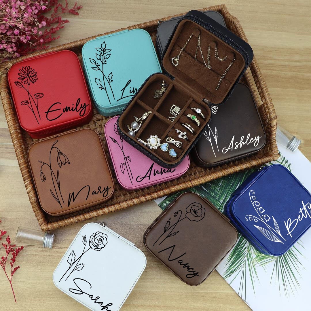 Birth Flower Jewelry Travel Case, Birth Month Flower Gift, Personalized ...
