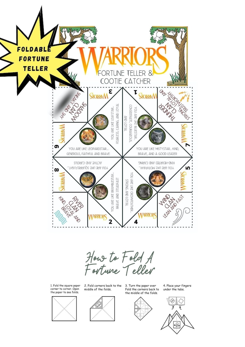 PRINTABLE Warrior Cat Fortune Teller | Cootie Catcher | Party Game ...