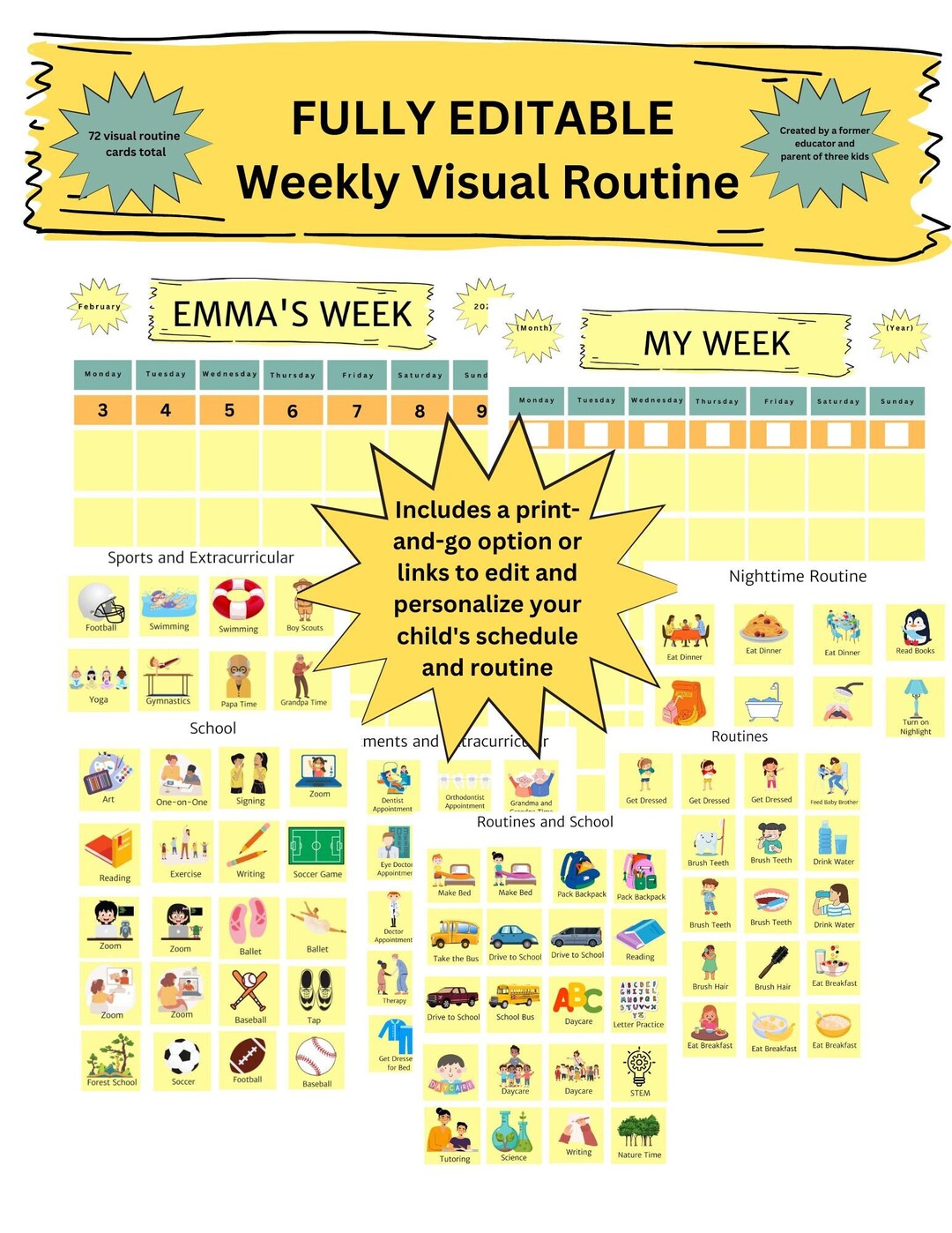 Editable Weekly Visual Routine Chart: Kids Chore Schedule (digital ...