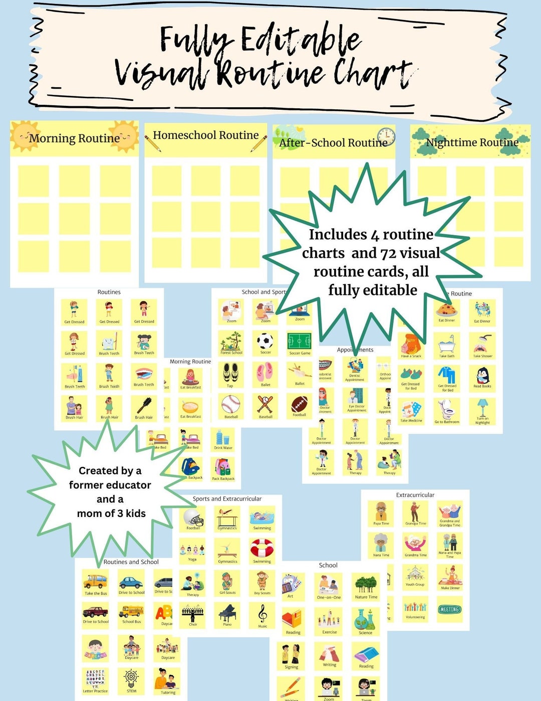 FULLY EDITABLE Daily Visual Routine Chart With 72 Cards | Schedule for ...