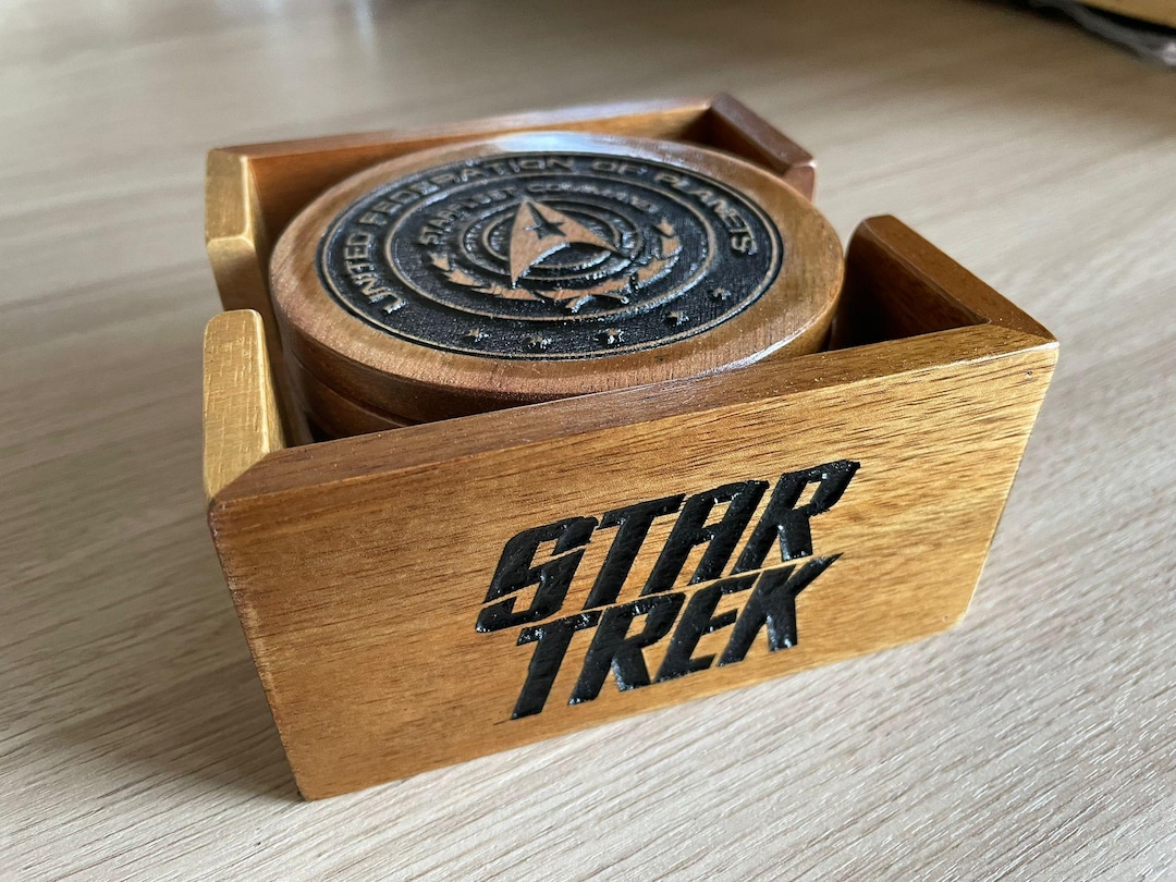 Star Trek Coaster Set: Engraved Wood, Personalized Holder, 6 Designs - Etsy