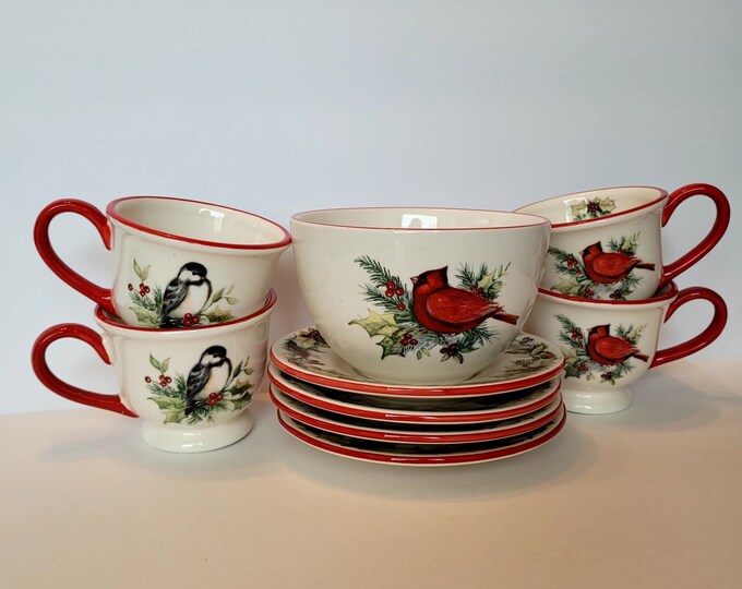 Susan Winget, Winter Song Cups and Saucers, Cardinals and Chickadees ...
