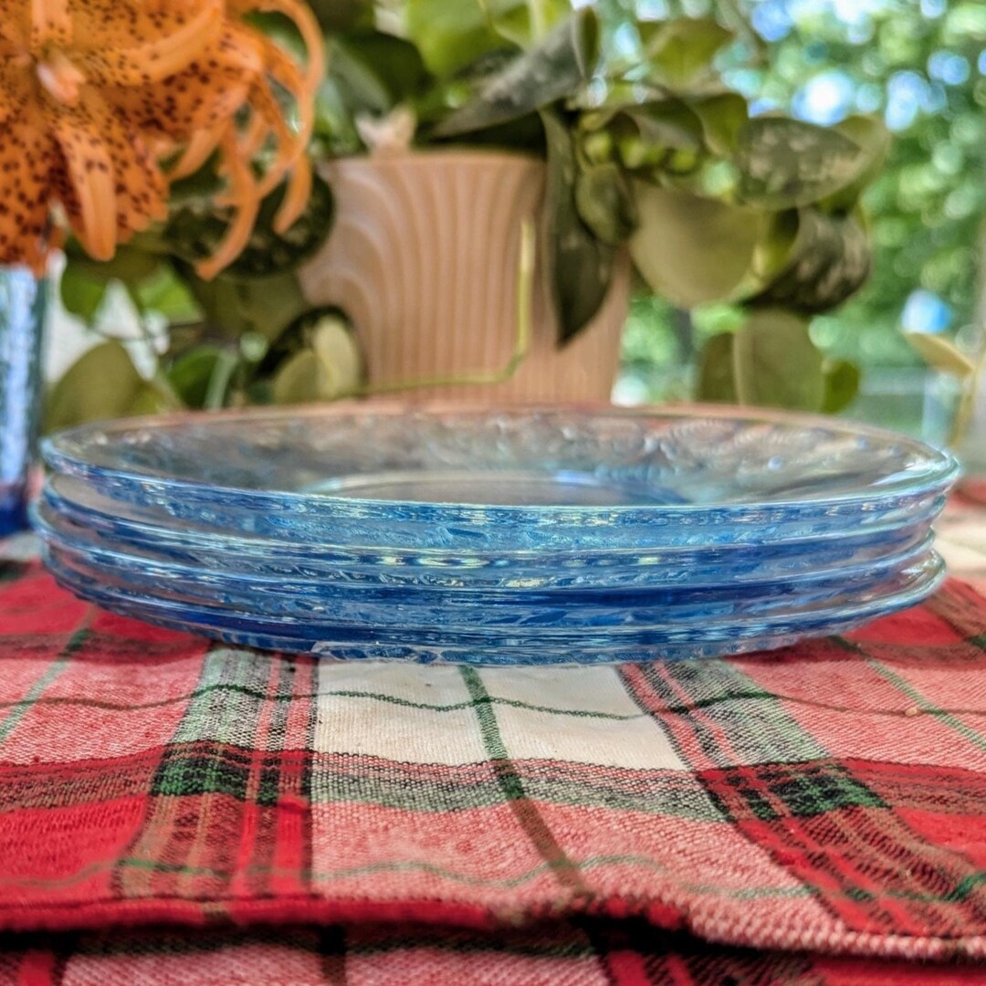 KIG Indonesia Blue, Pressed Glass, Embossed Fruit Pattern 7", Set of 4 ...