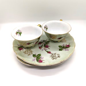 Lefton China Hand Painted Roses Luncheon Set Tea Cup & Plate Green Set ...