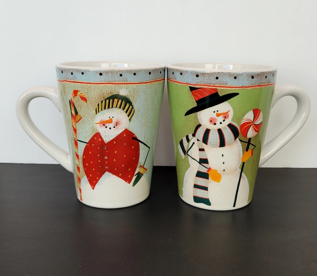 Vintage Oneida Stoneware Mugs, Two Snowman Coffee or Hot Chocolate Cups ...