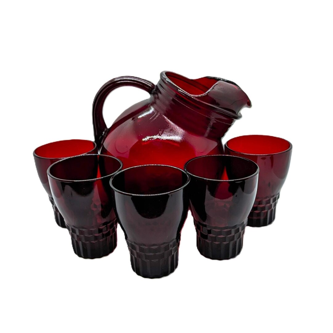 Anchor Hocking Windsor Ruby Red Glass Tilt Pitcher With (5) Royal Ruby ...
