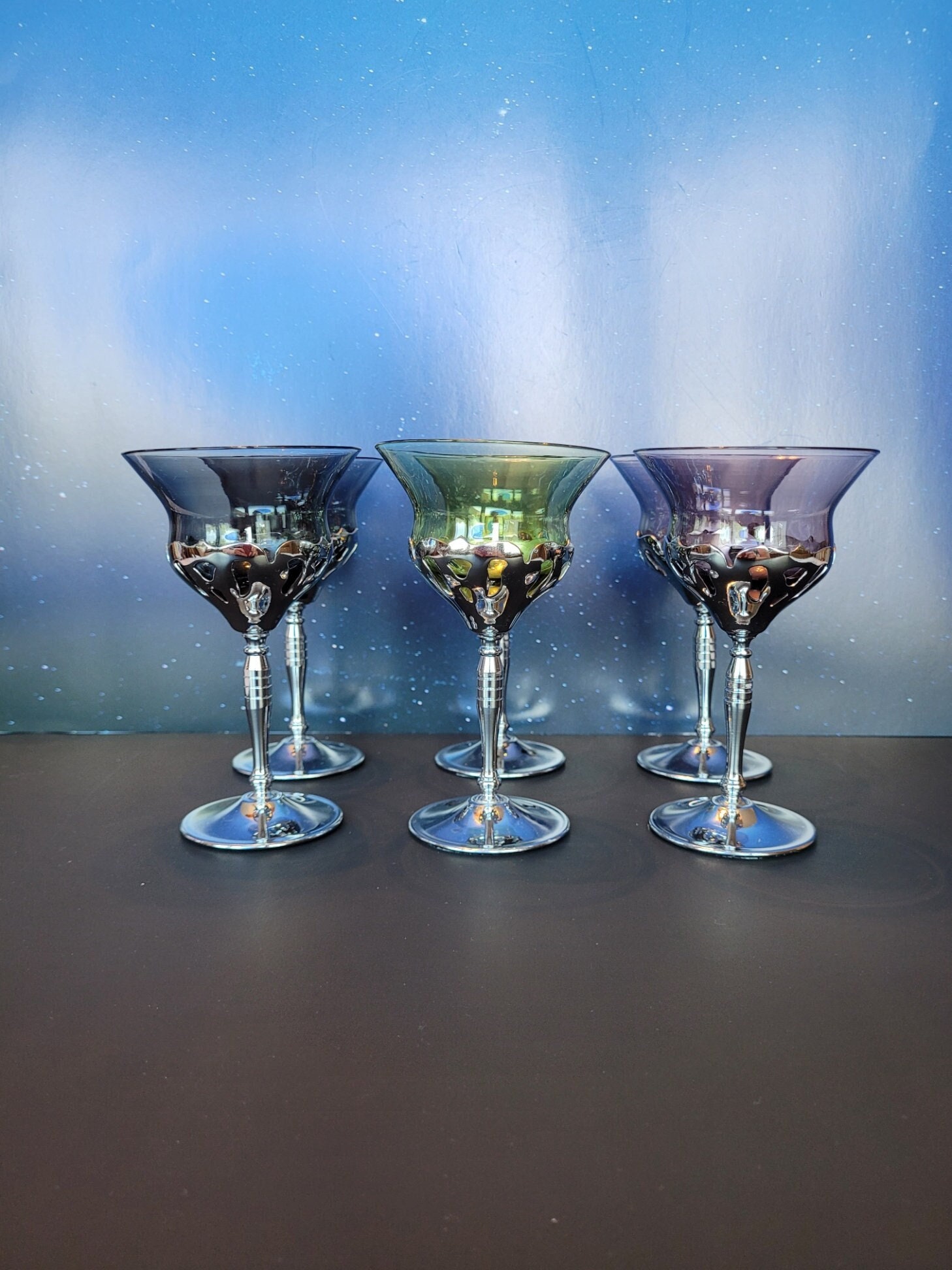 Vintage Wine Glasses Multi-colored Chrome Scrollwork Set of 6 - Etsy