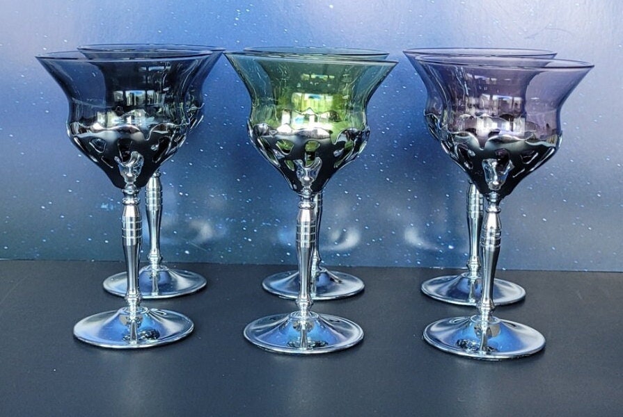 Vintage Wine Glasses Multi-colored Chrome Scrollwork Set of 6 - Etsy