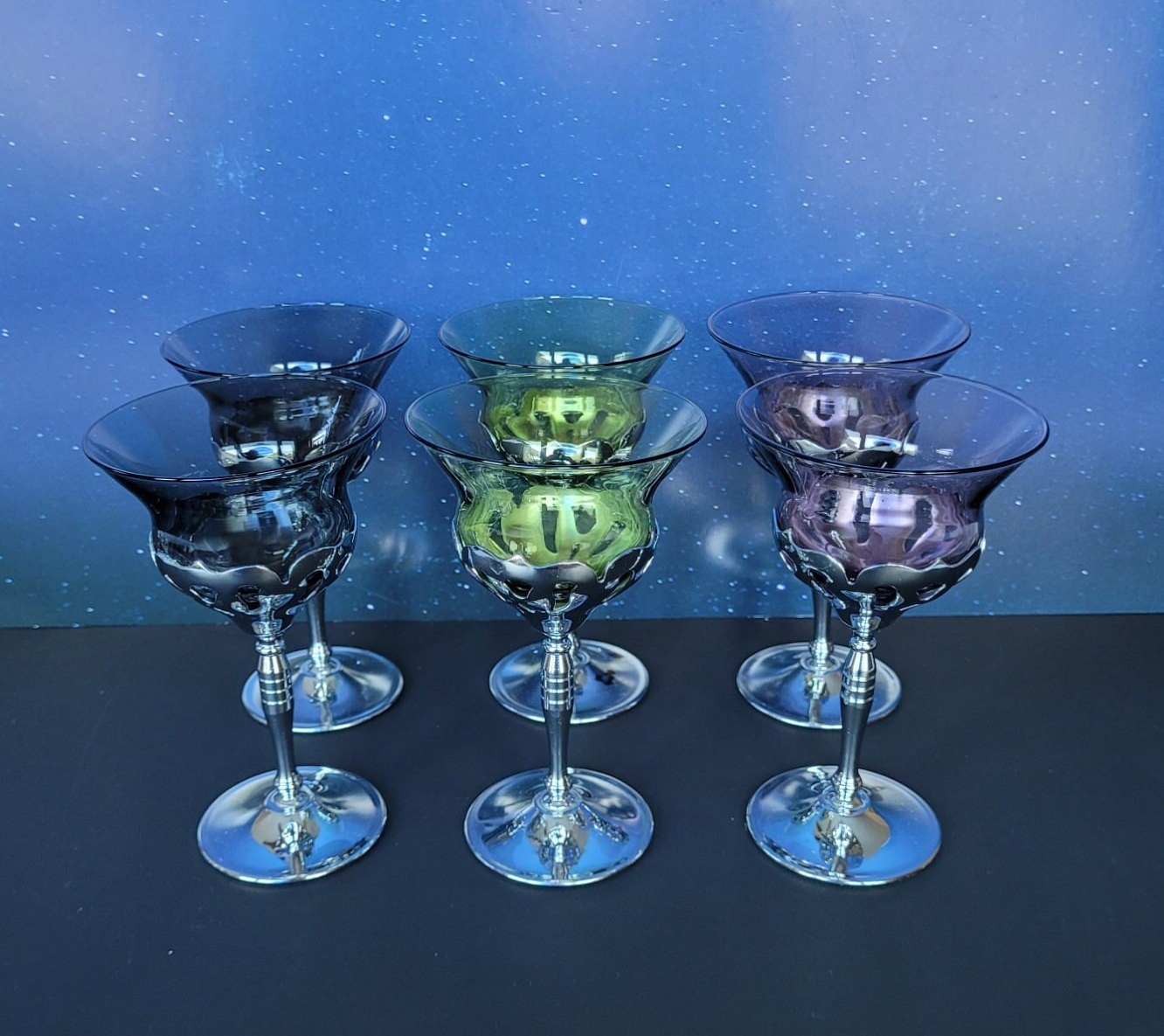 Vintage Wine Glasses Multi-colored Chrome Scrollwork Set of 6 - Etsy