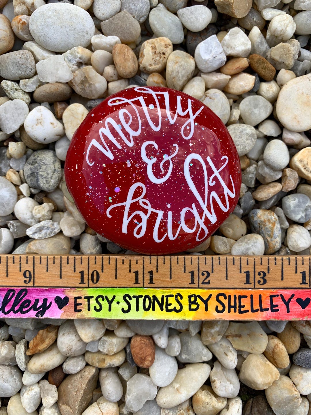 Merry and Bright Hand Lettered Stone Painting Acrylic Painted Rock Red ...