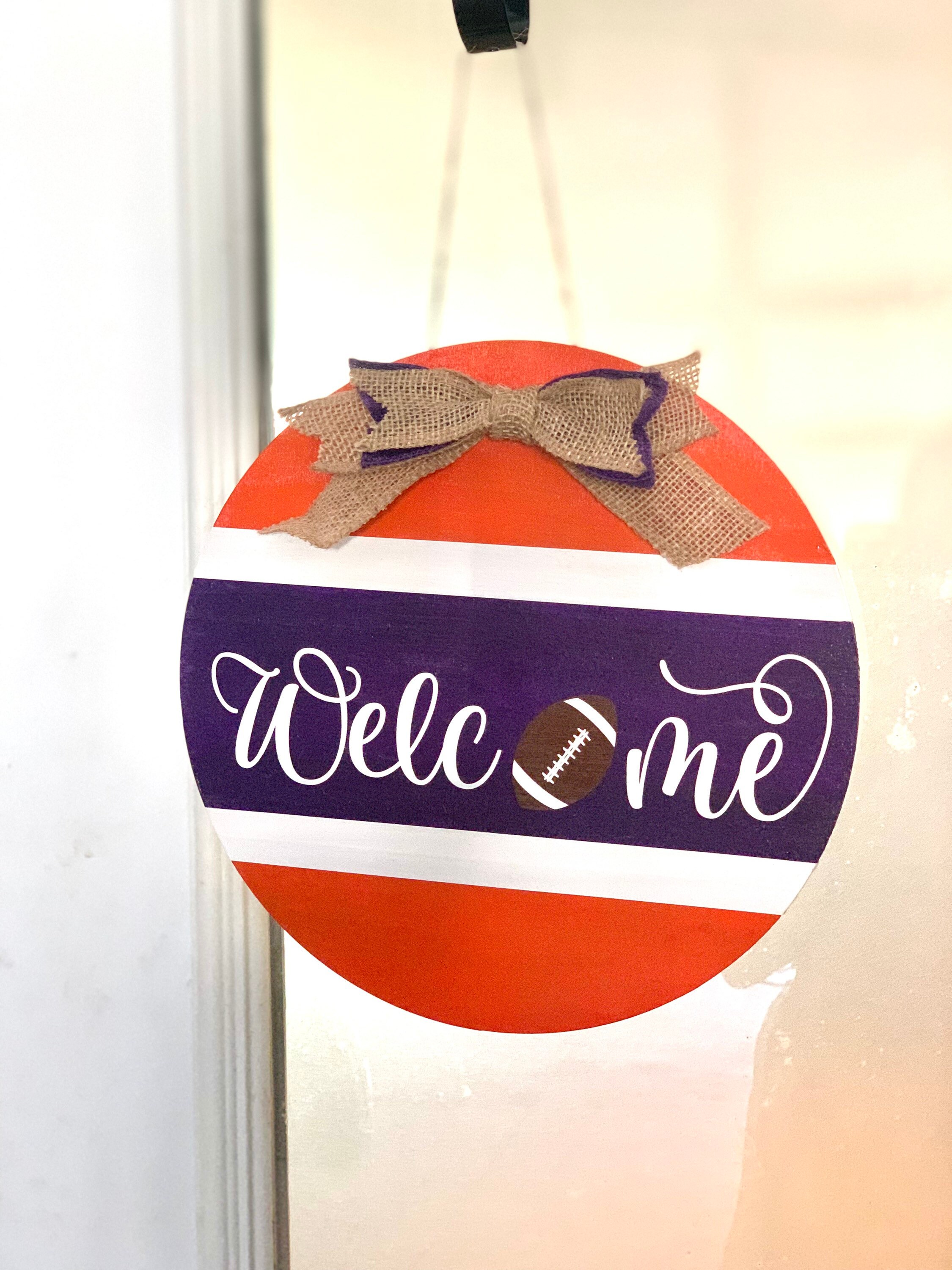 Clemson Tiger Colors Welcome Door Hanger With Football and Burlap Bow ...