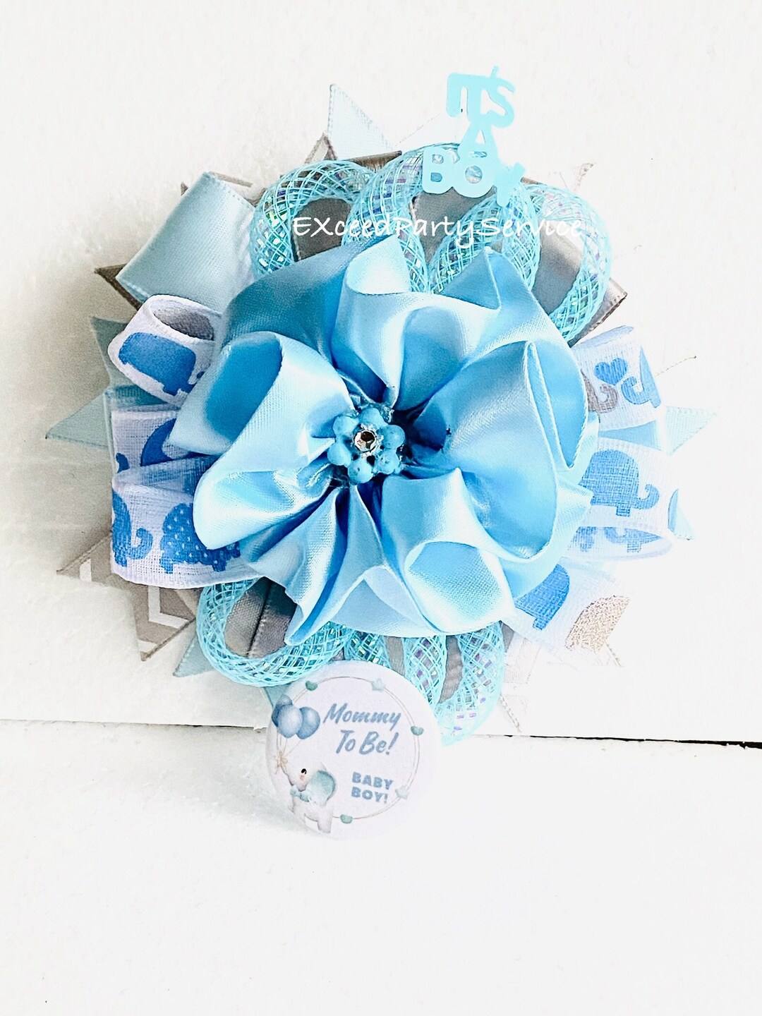 Blue Boy Elephant Baby Shower Mom to Be Photo Shoot Floral Ribbon Boy ...