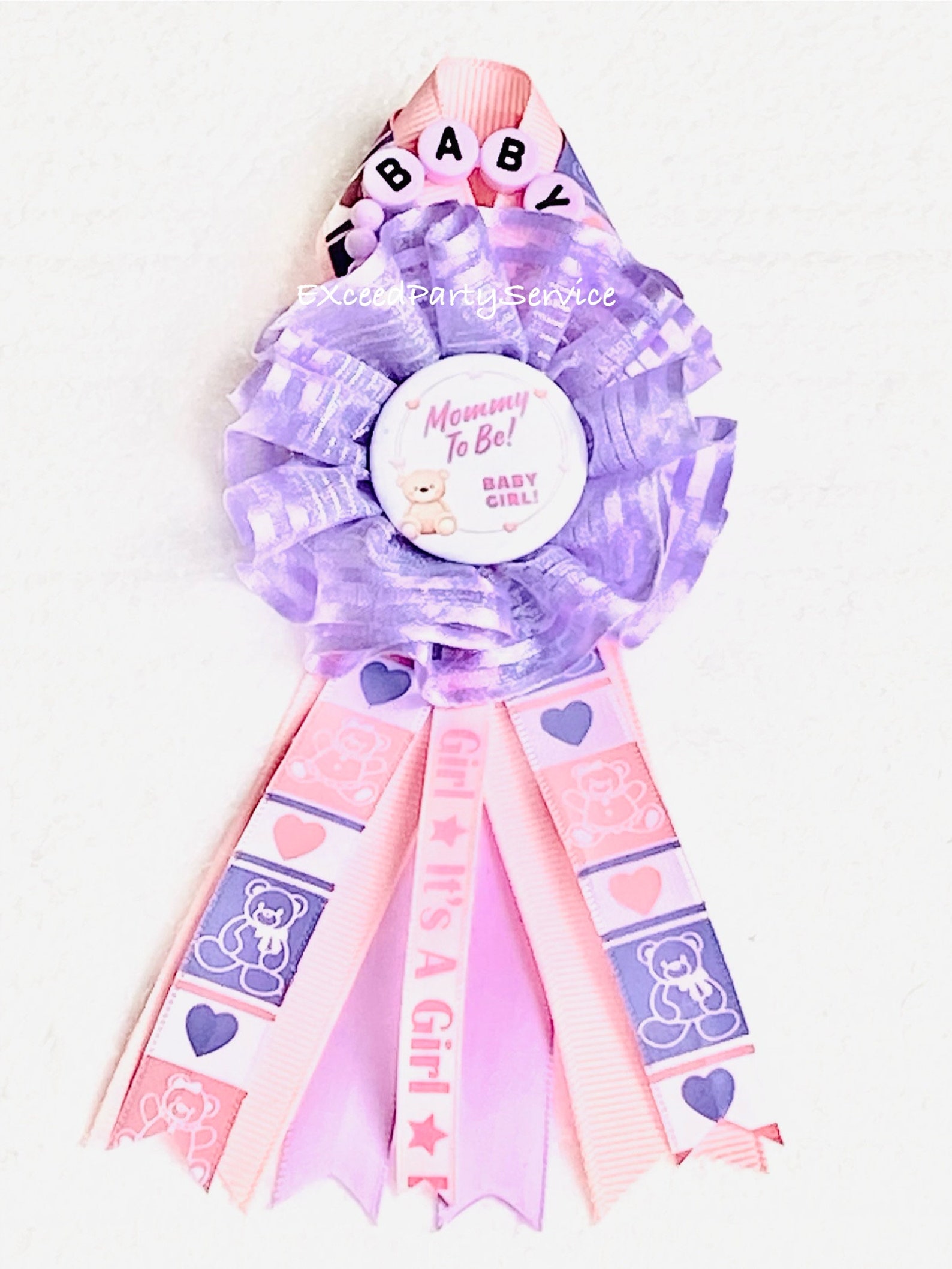 Girl Baby Shower Party Teddy Bear Ribbon Pink and Purple Baby Shower ...