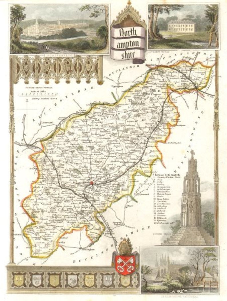 NORTHAMPTONSHIRE Map 19th Century Reproduction Thomas Moule 20" X 16 ...