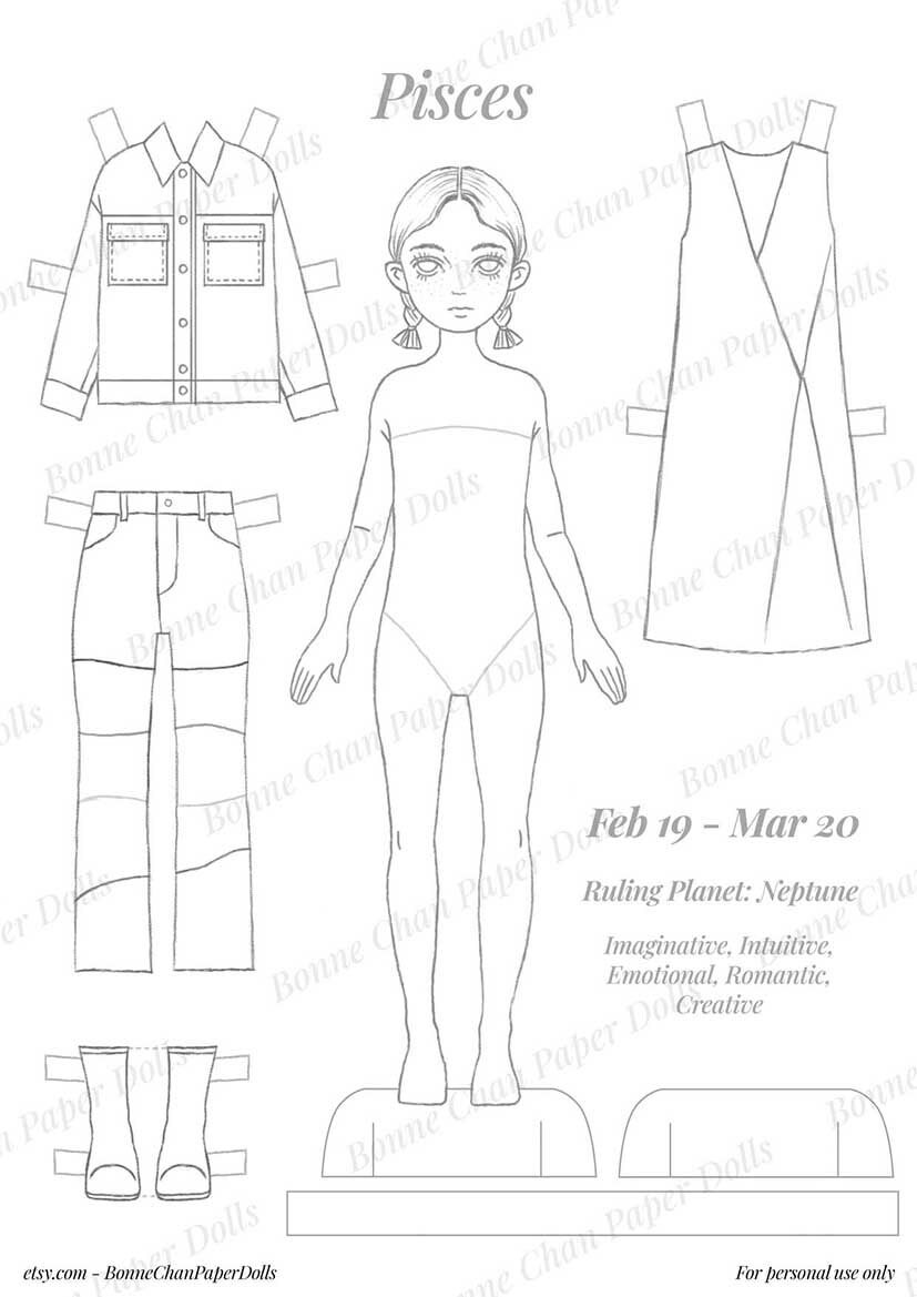 Pisces Zodiac Paper Doll Craft Kit (digital Download) - Etsy