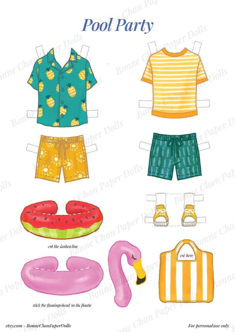 Muñeca de papel imprimible para fiesta en la piscina para niña y niño ...