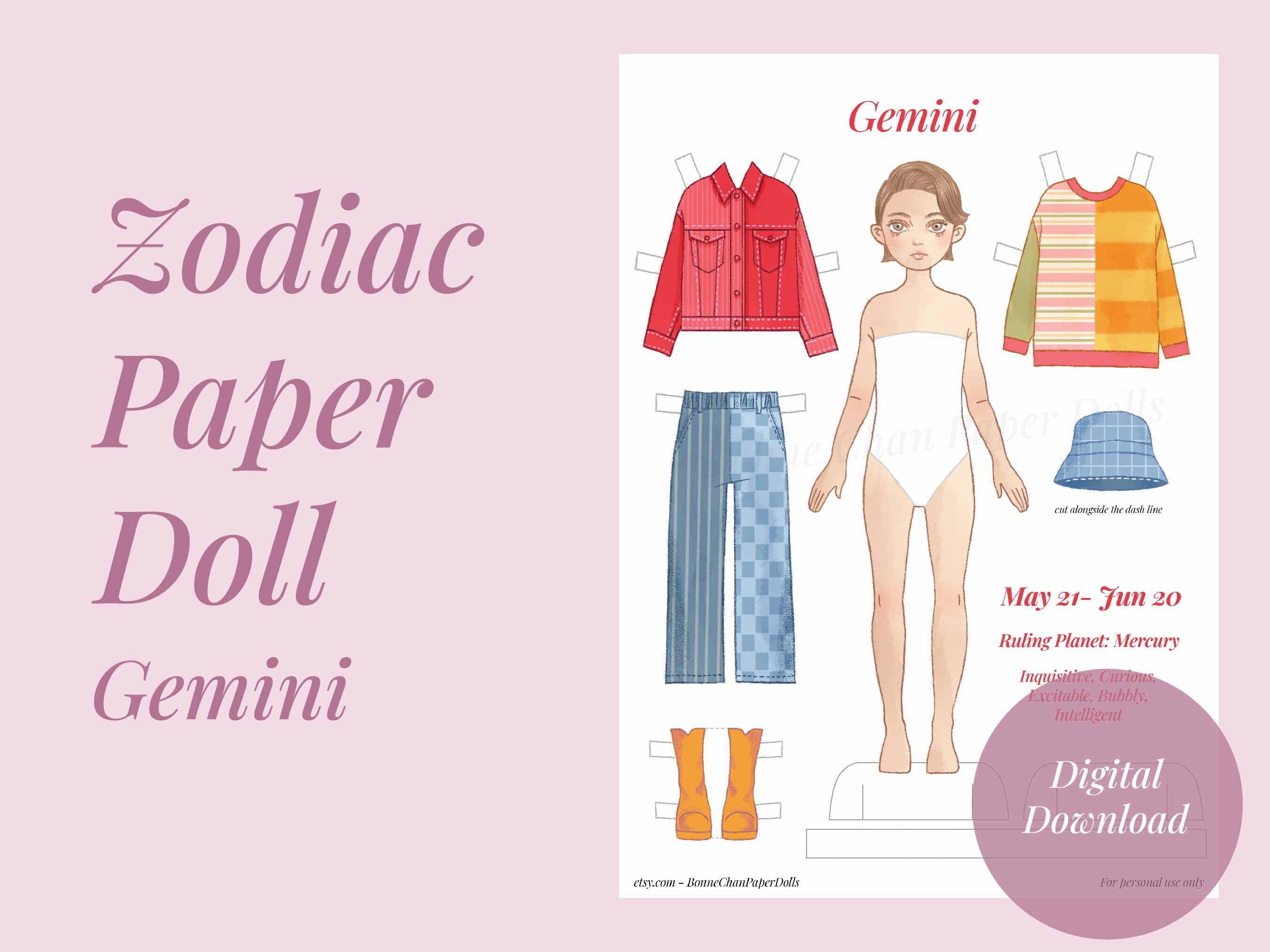 Gemini Zodiac Paper Doll Craft Kit - Fashion Art Print (digital ...