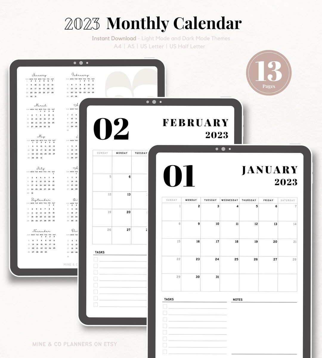 2023 Monthly Planner 2023 Calendar Minimal Digital & Printable Template ...